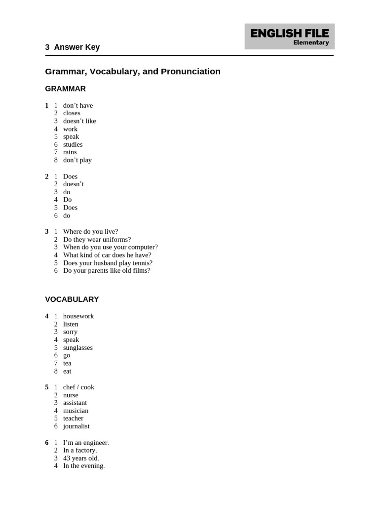 Answer Key: Grammar & Vocabulary Test | PDF