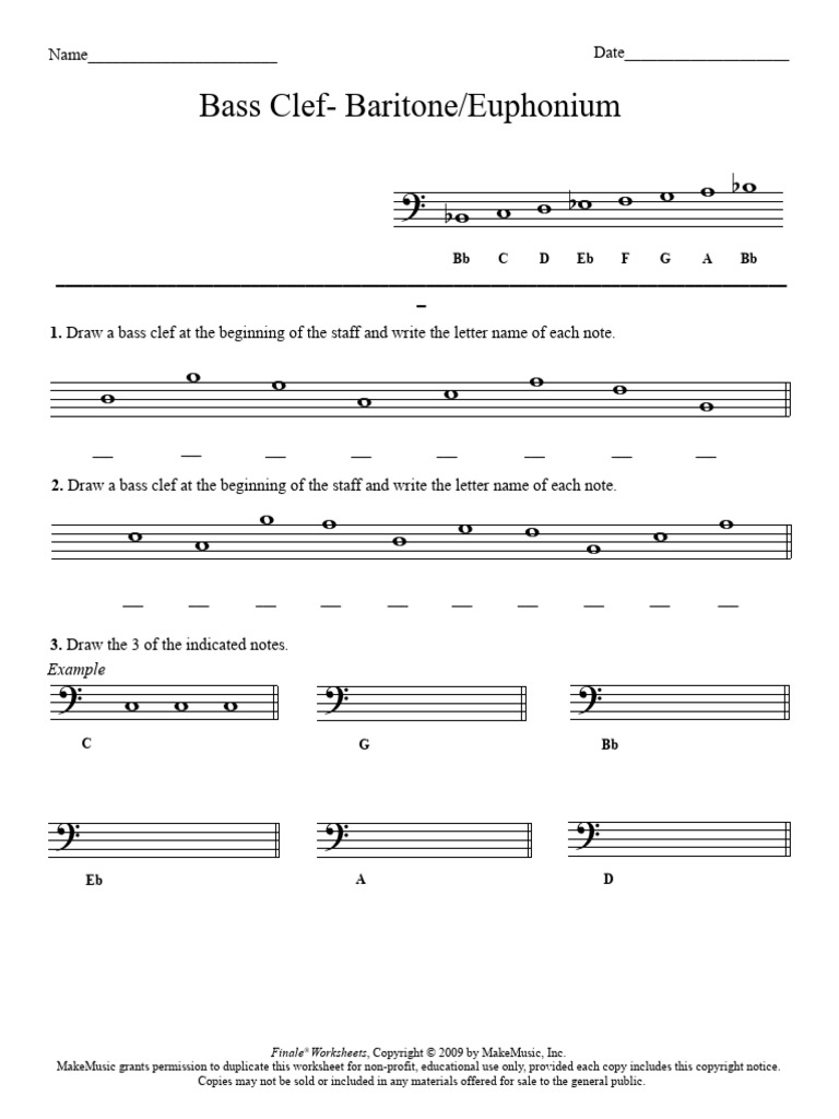 Baritone Euphonium Bass Clef Worksheet | PDF