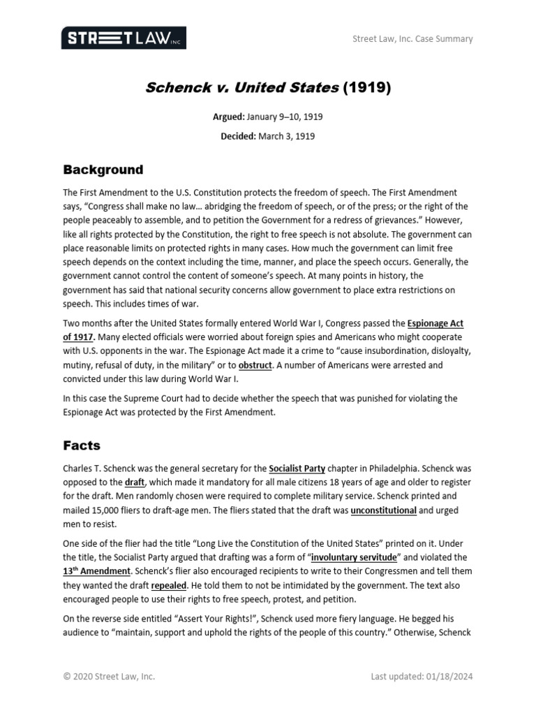 Case Summary Ms Schenck Student | PDF | First Amendment To The United ...