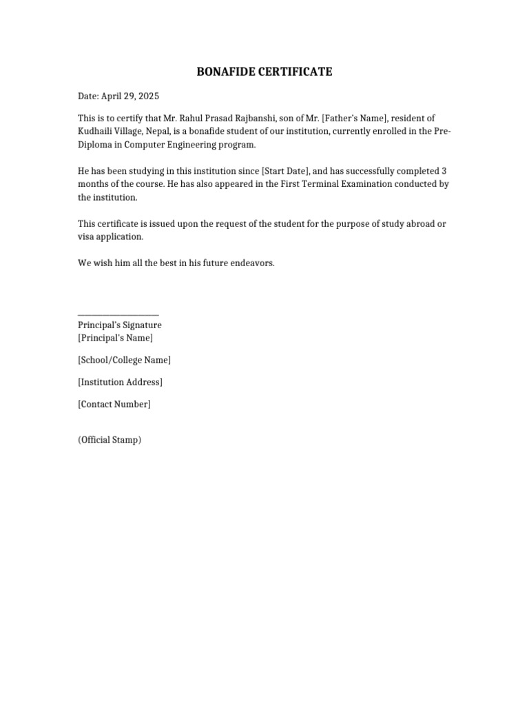 Bonafide Certificate Rahul | PDF