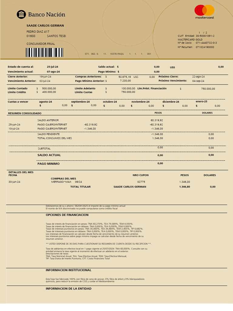 Resumen de Cuenta Mastercard Gold | PDF | Tarjeta de crédito | Crédito