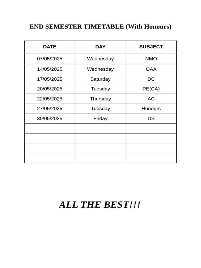 End Semester Timetable | PDF