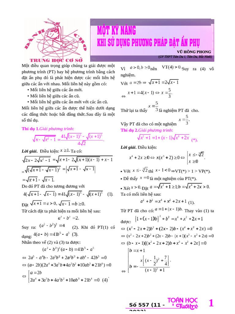 Mot Ky Nang Khi Su Dung Phuong Phap Dat An Phu Giai Phuong Trinh He Phuong Trinh | PDF