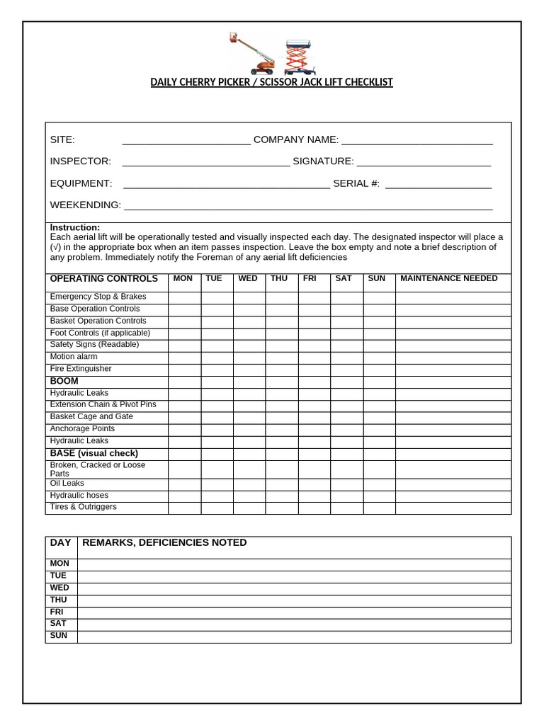 Daily Cherry Picker Safety Checklist | PDF