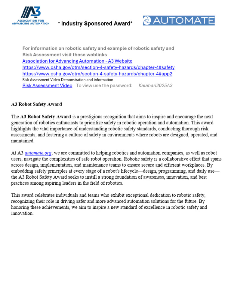 A3 Robot Safety Award Submission Guide | PDF | Robotics | Safety