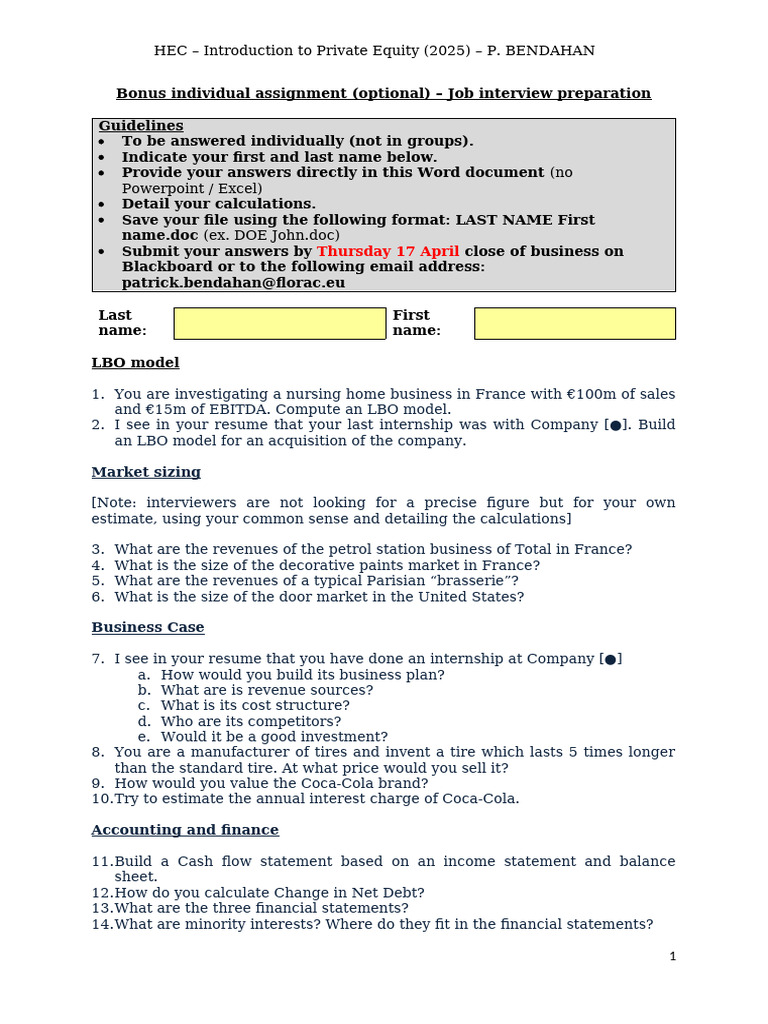 2025-Introduction To PE-Bonus Assignment-Job Interviews | PDF | Valuation (Finance) | Discounted ...