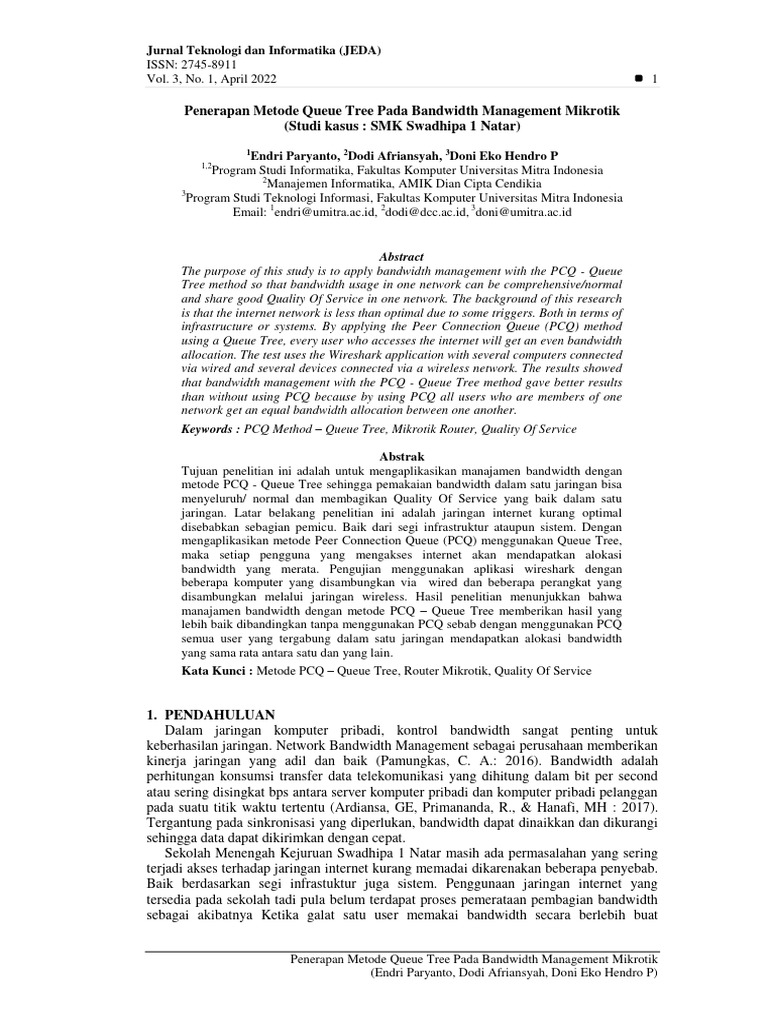 Penerapan Metode Queue Tree Pada Bandwidth Management Mikrotik (Studi kasus SMK Swadhipa 1 Natar ...