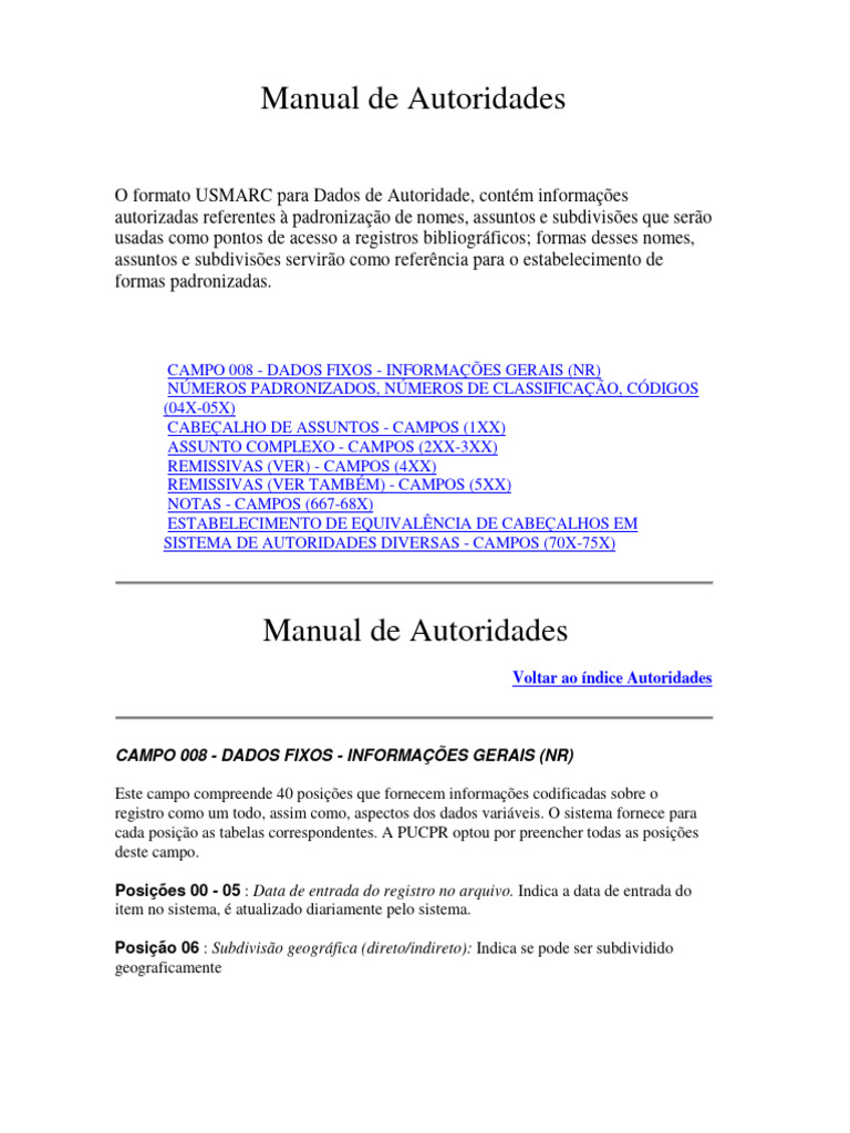 Formato USMARC para Dados de Autoridade | PDF