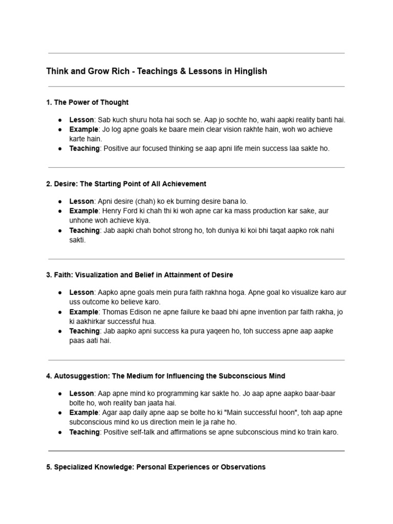 Think and Grow Rich: Hindi Summary | PDF | Psychological Concepts ...
