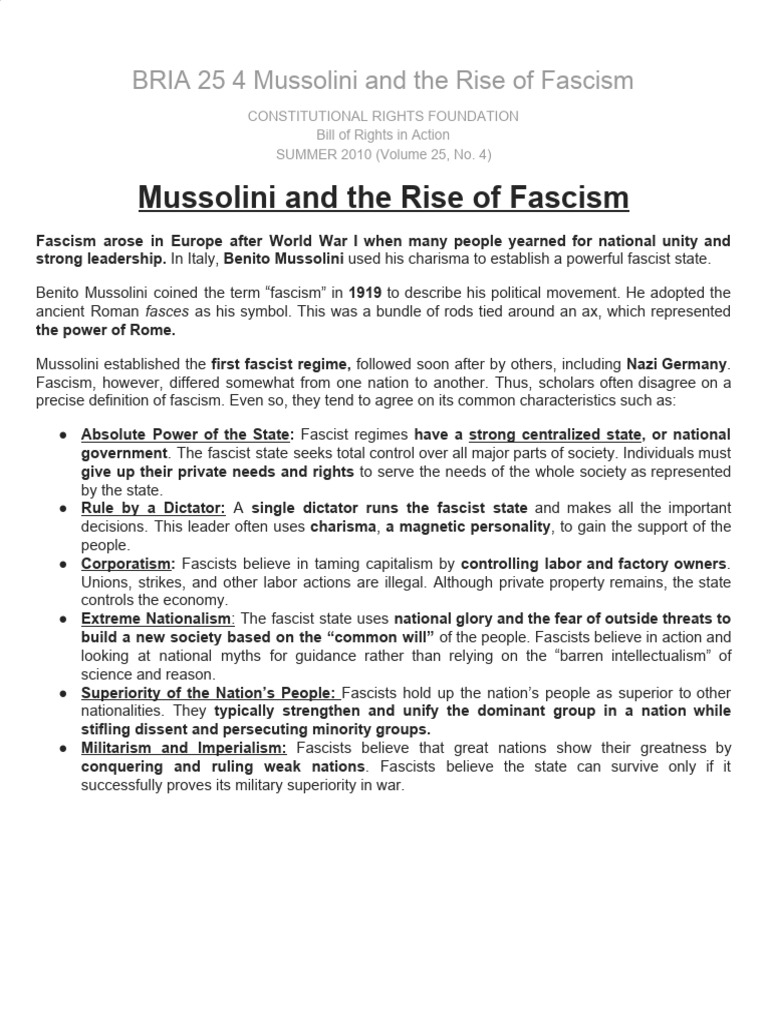 Mussolini's Fascism: Rise and Ideology | PDF | Fascism | Benito Mussolini