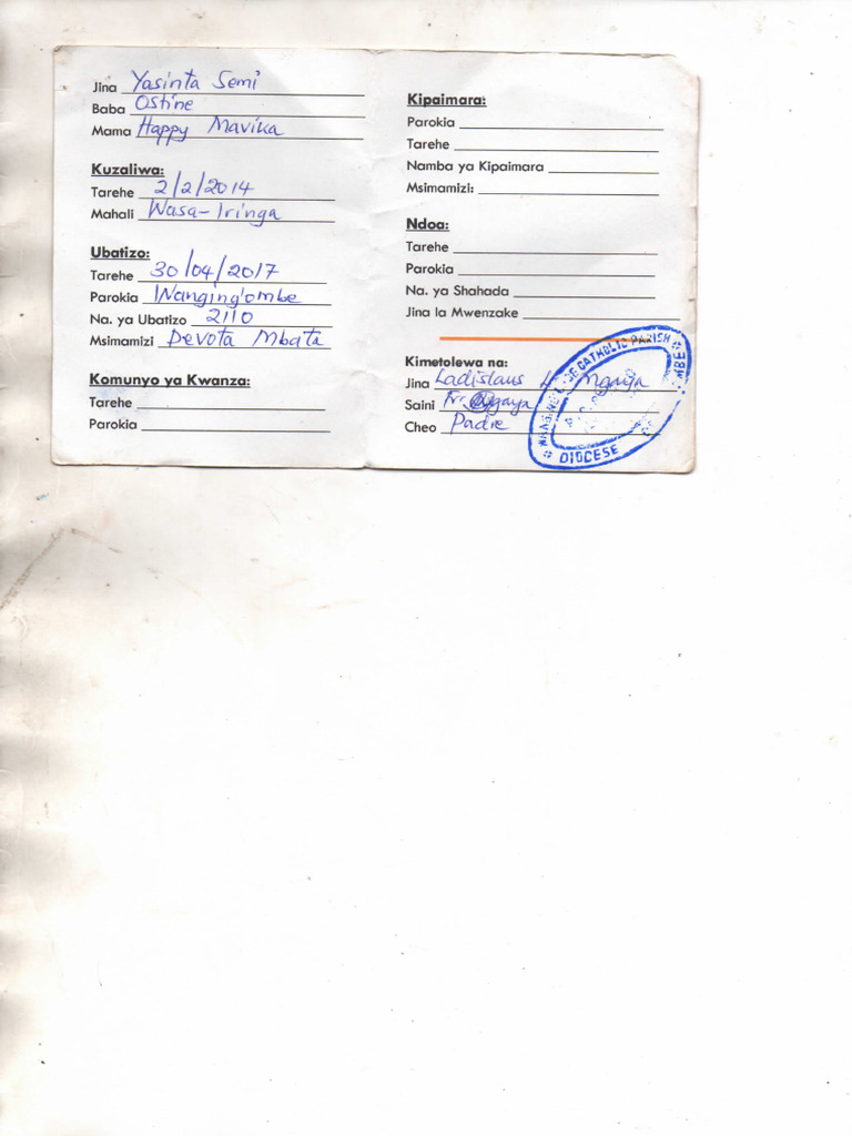 Mfano Wa Cheti Cha Ubatizo | PDF