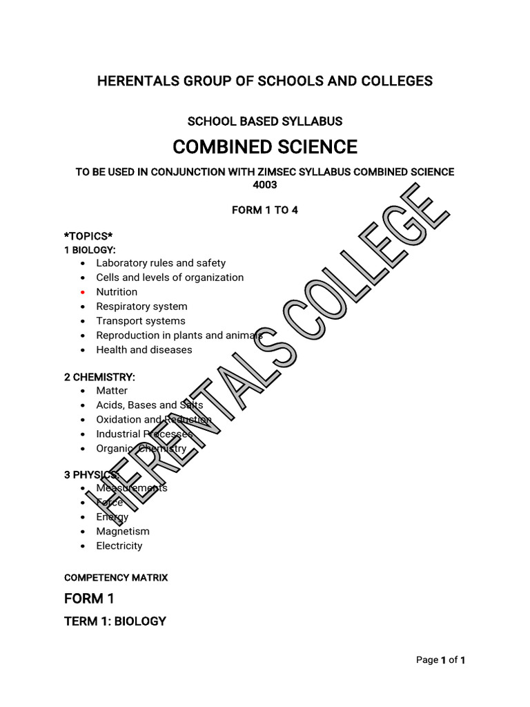 Herentals College Combined Science Syllabus | PDF | Redox | Engines