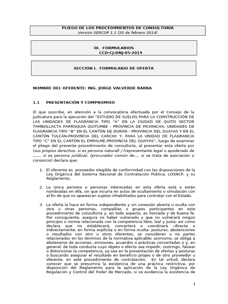 Versión SERCOP 1.1 (20 de Febrero 2014) : Pliego de Los Procedimientos de Consultoría | PDF
