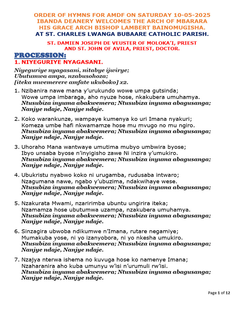 Order of Hymns for AMDF 10-05-2025 | PDF