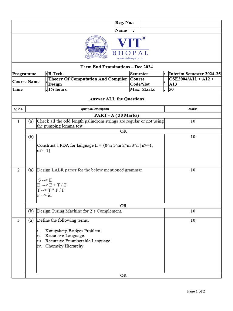 B.Tech Theory of Computation Exam 2024 | PDF | Grammar | Theory Of ...