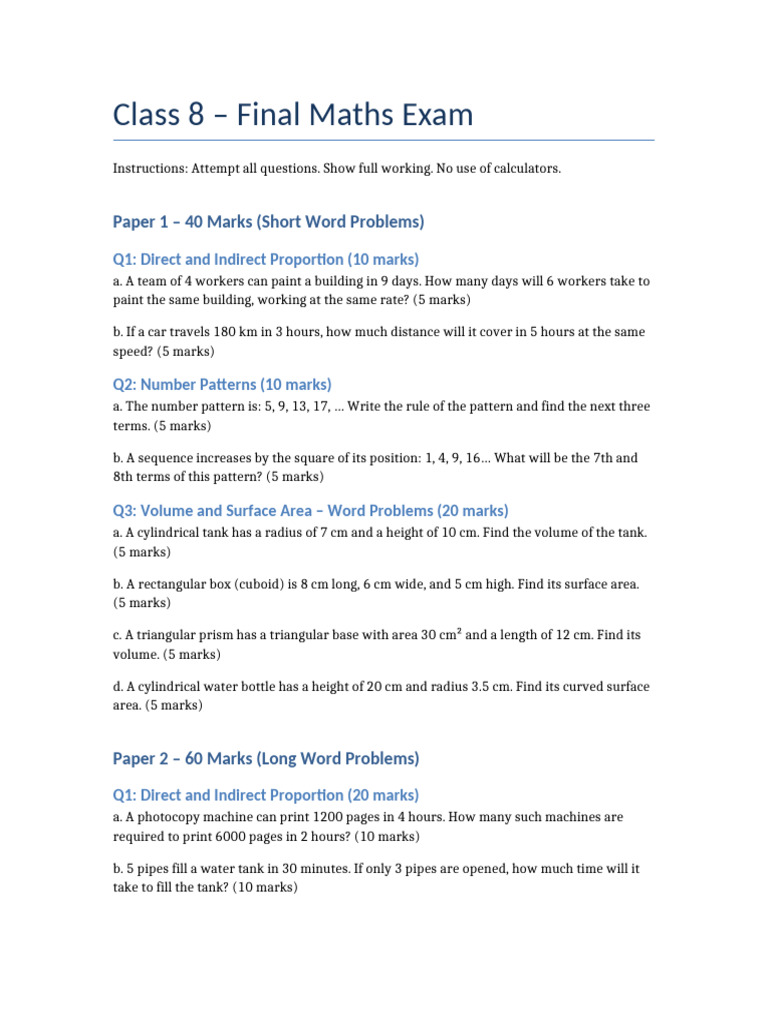 Class 8 Maths Final Exam Word Problems | PDF