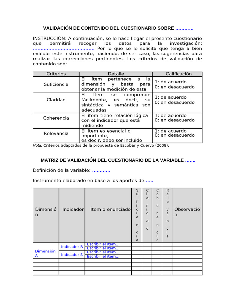 Formato - Validación de Cuestionario | PDF