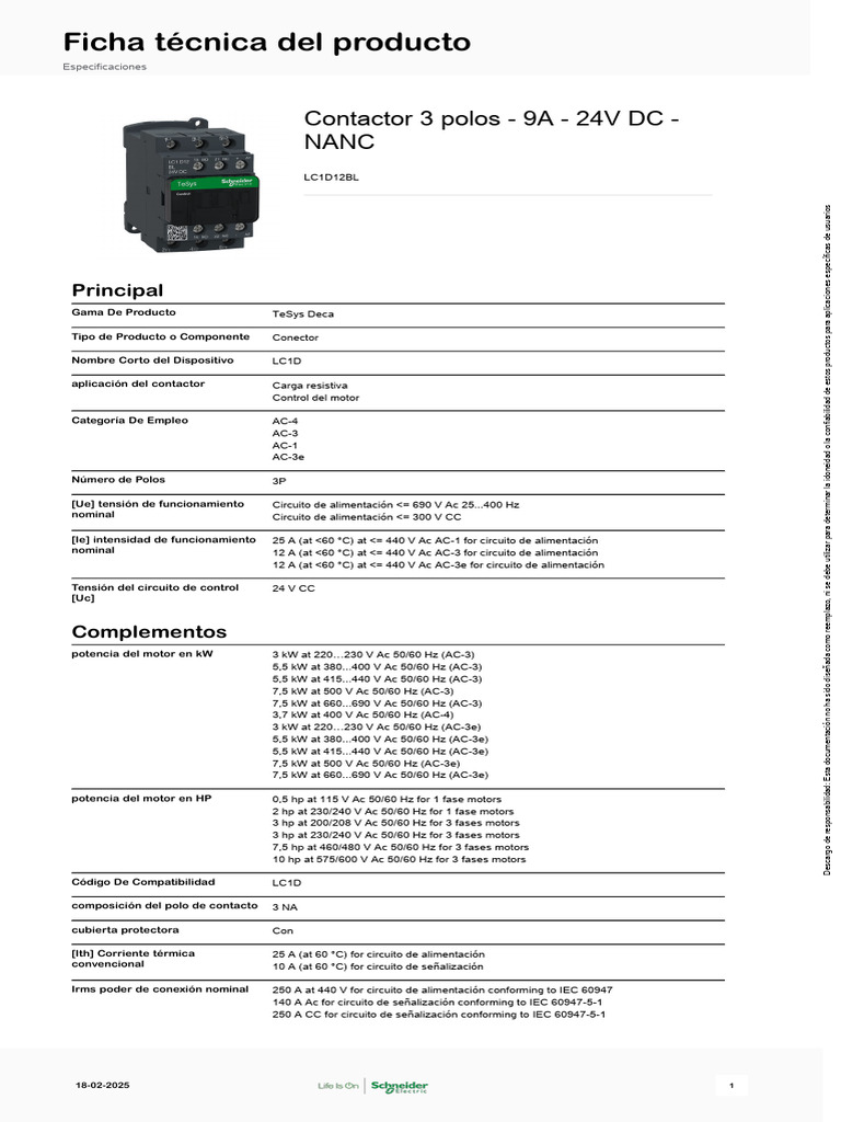 Schneider Electric Contactores-TeSys-Deca LC1D12BL | PDF