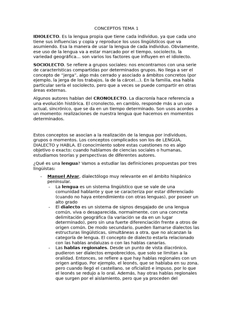 Conceptos Tema 1 | PDF | Dialecto | Lengua española