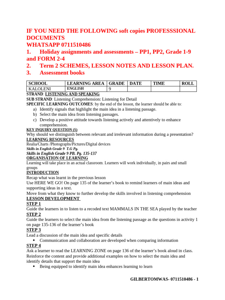 Grade 9 English Listening & Reading Plans | PDF | Learning | Question