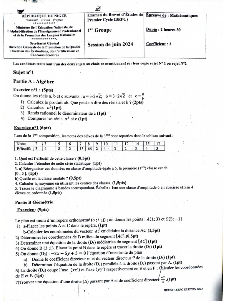 Mathématiques BEPC 2024 | PDF