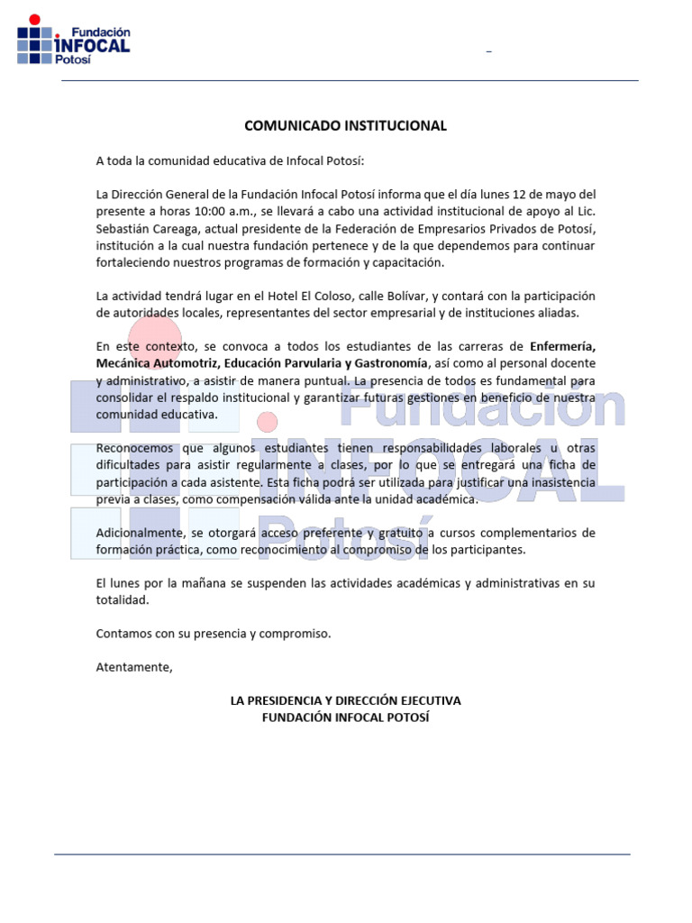 Comunicado sobre actividad institucional en Infocal | PDF