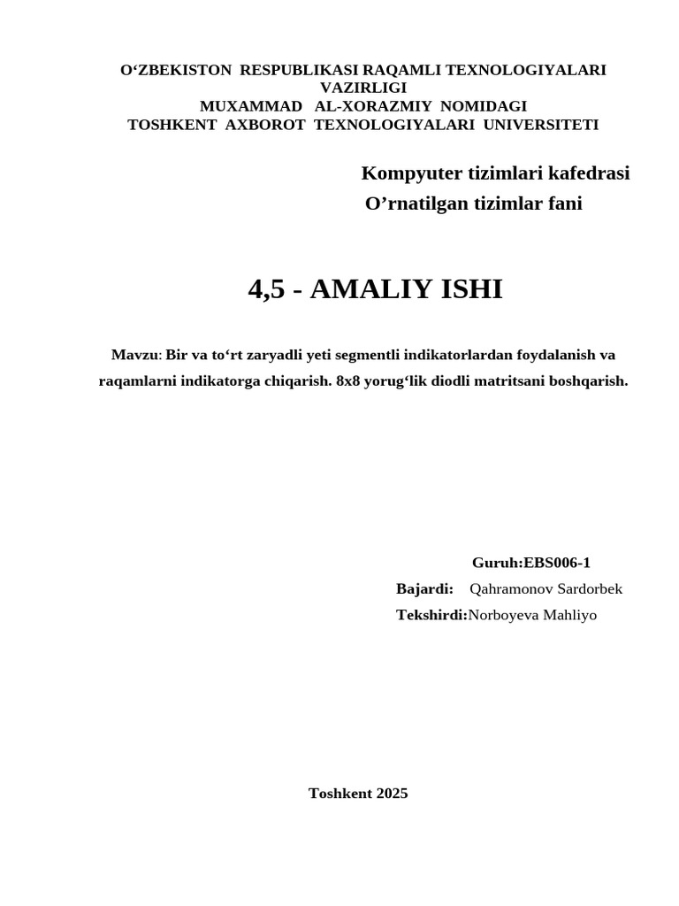 4,5 - Amaliy Ishi: Kompyuter Tizimlari Kafedrasi O'rnatilgan Tizimlar Fani | PDF
