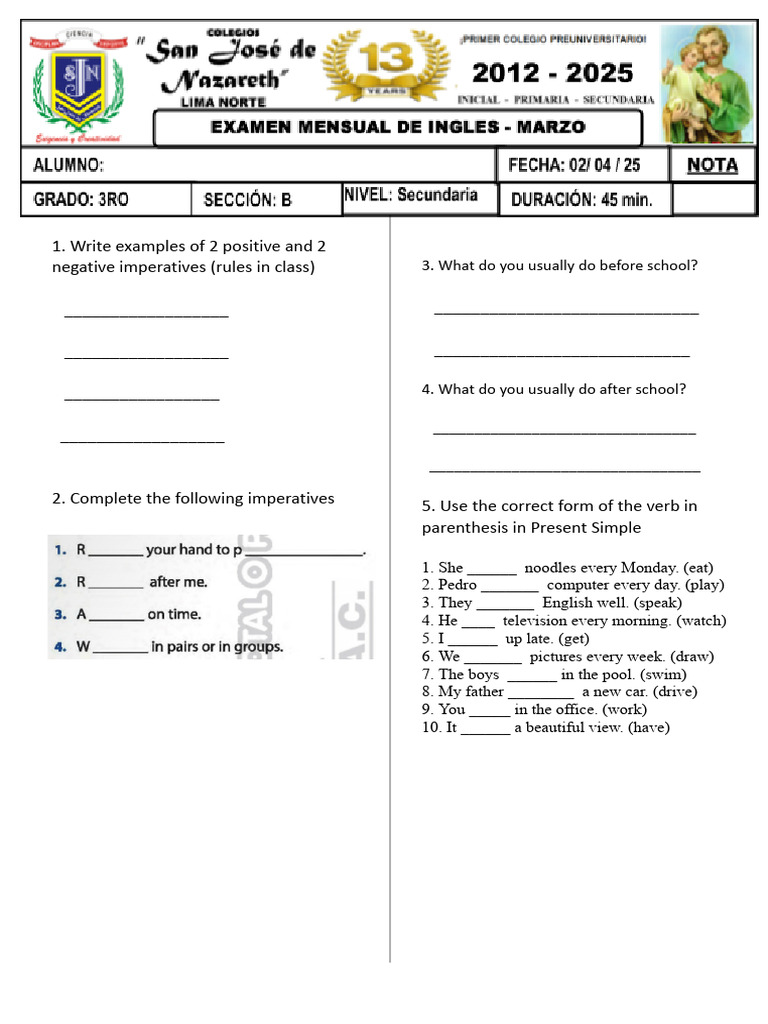 EXAMEN MENSUAL MARZO 3RO B.docx | PDF