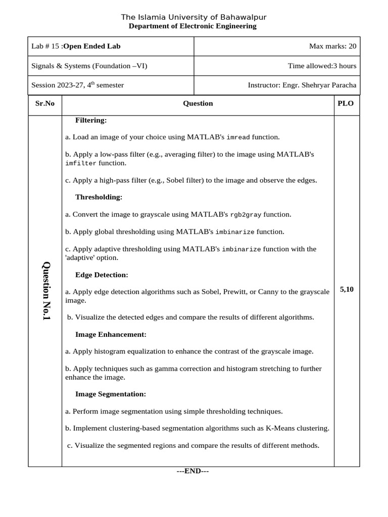 Signals & Systems Lab # 15 Open Ended Lab | PDF