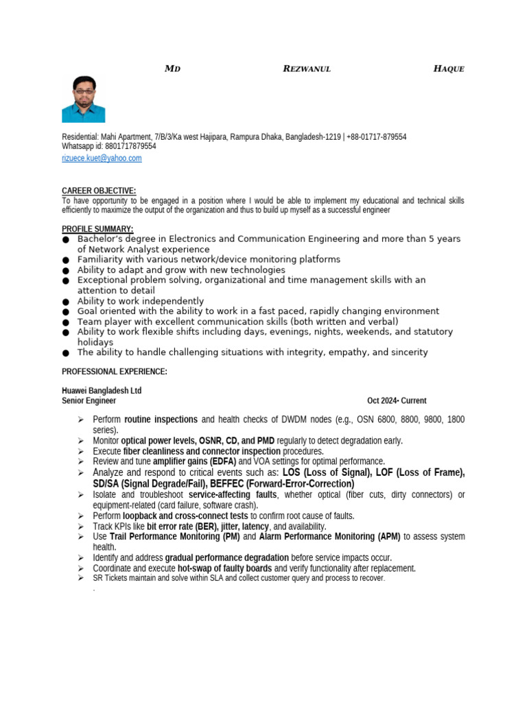 Network Analyst Resume - MD Rezwanul Haque | PDF | Wavelength Division ...