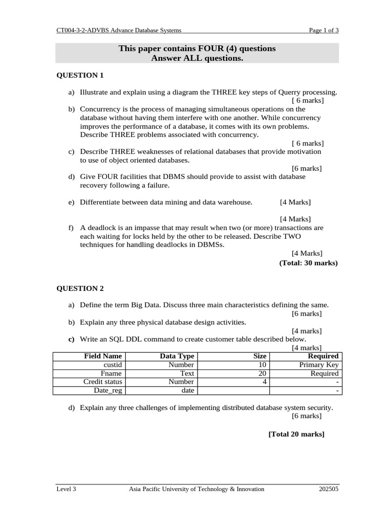 CT004 3 3 ADVBS Advance Database Systems Final Exam | PDF | Databases | Database Transaction