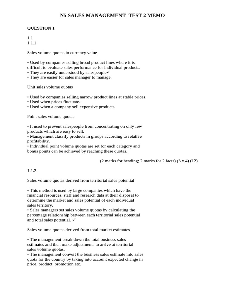 N5 Sales Management Test 2 Memo | PDF | Sales | Business