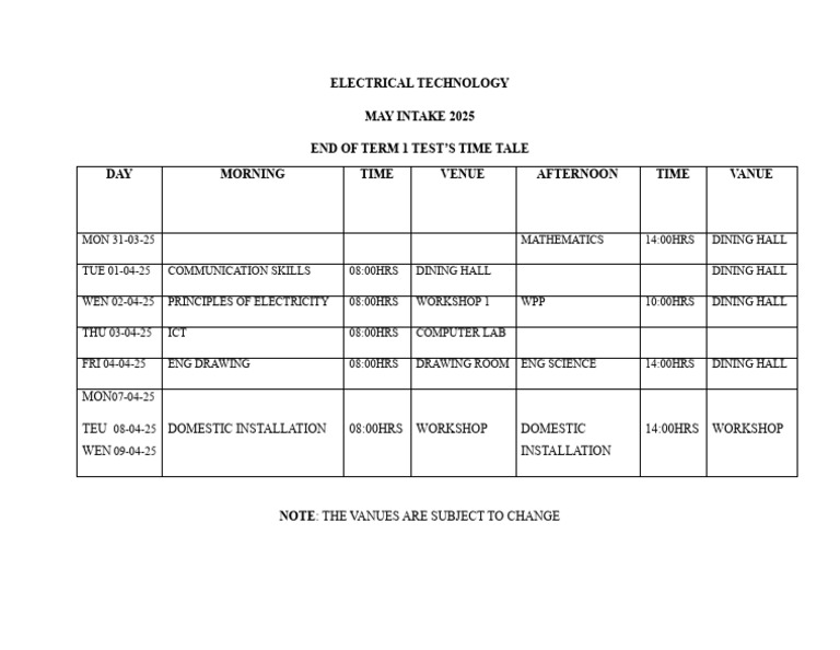 End of Term 1 Test's Time-Table | PDF
