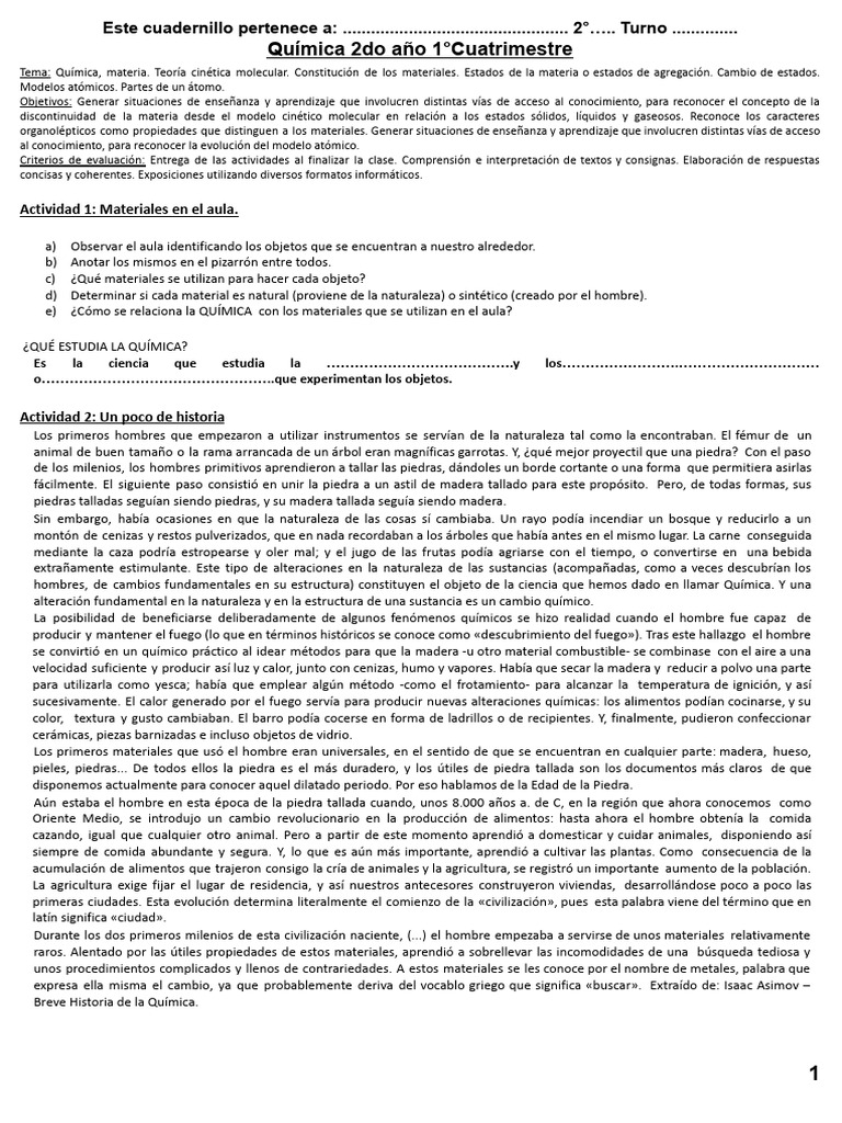 Cuadernillo 2do Química 1°cuatrimestre 2025 | PDF | Moléculas | Átomos
