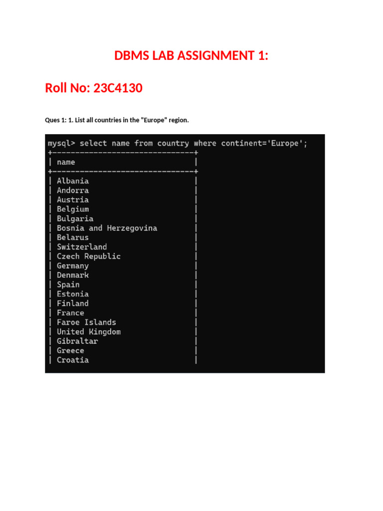 DBMS Lab Assignment 1 | PDF