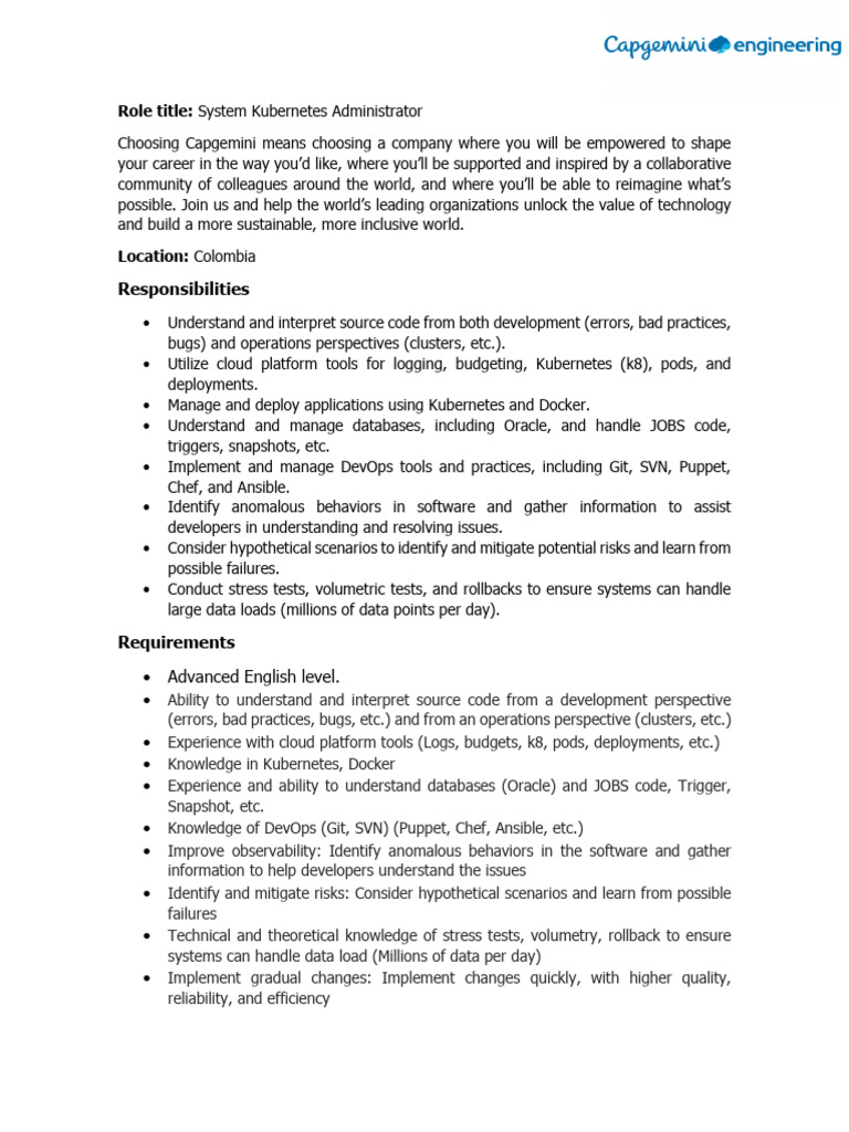 JD - System Kubernetes Administrator | PDF | Engineering | Information ...