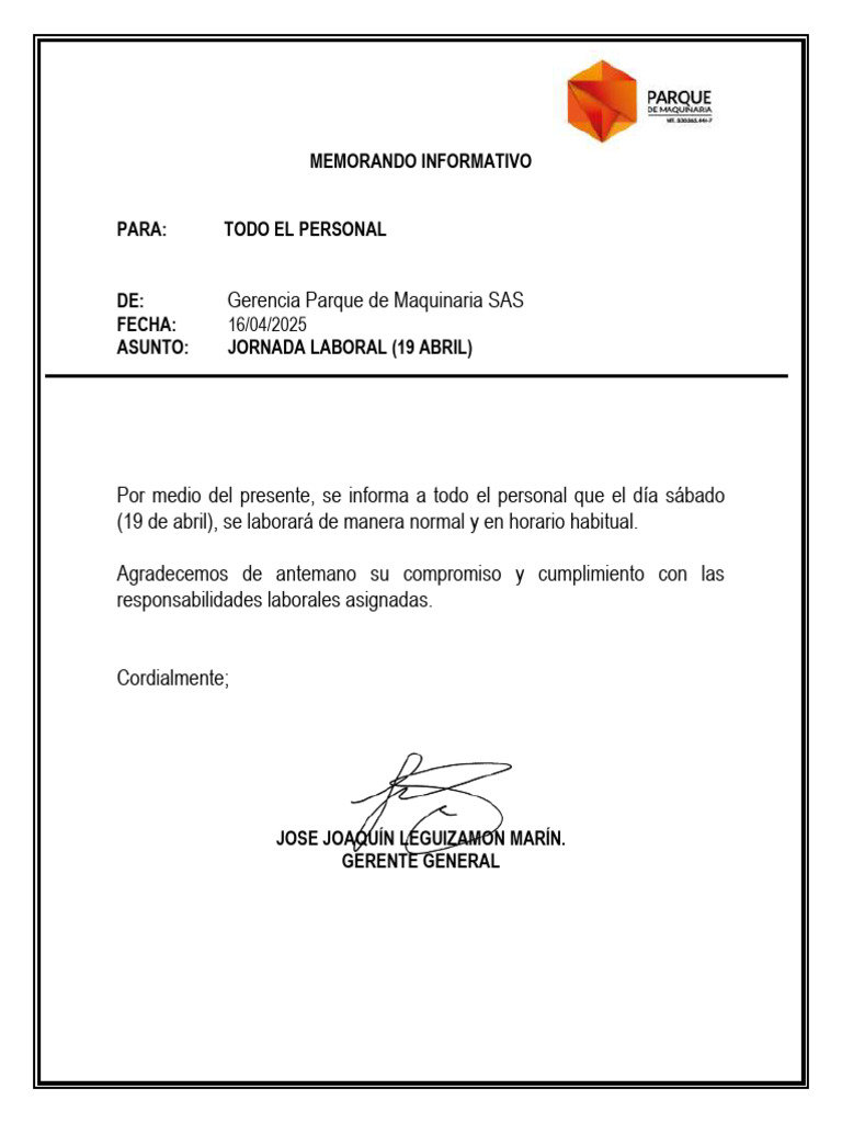 Memorando Informativo Jornada Laboral Sabado 19 Abril | PDF