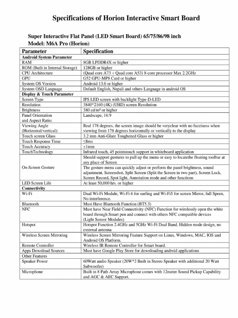 Specifications of M6A Pro Model | PDF