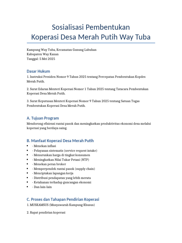 Sosialisasi Koperasi Desa Merah Putih Way Tuba | PDF