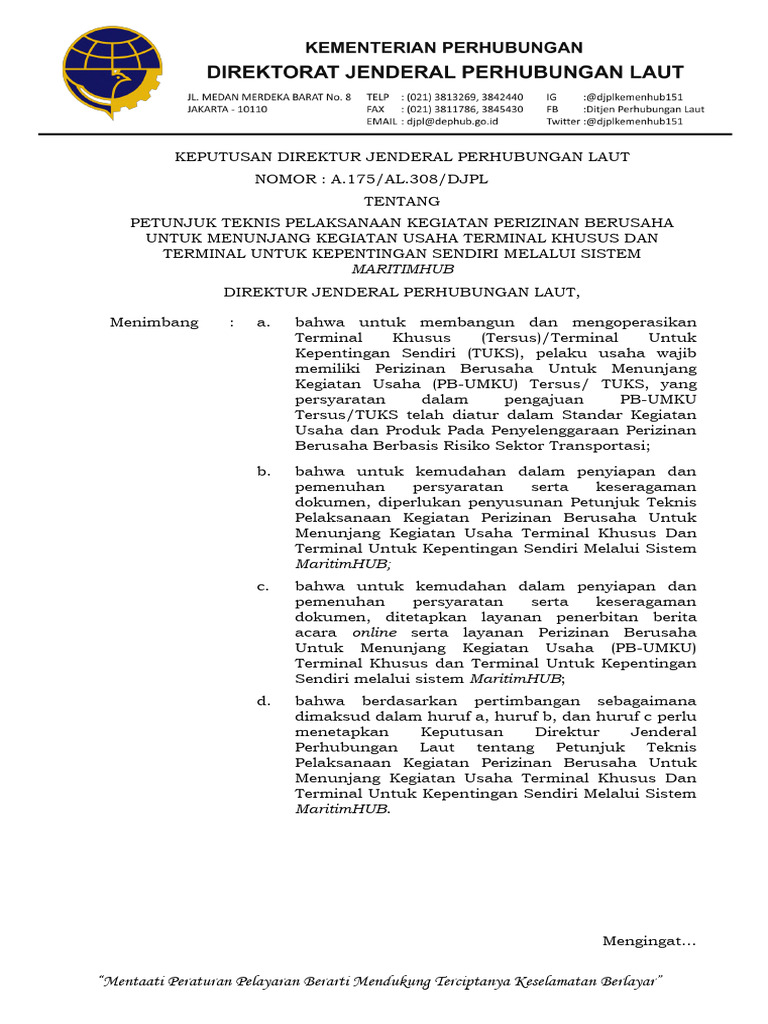 Petunjuk Teknis Pelaksanaan Perizinan Tersus Dan TUKS | PDF