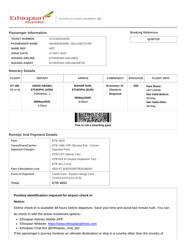 Electronic Ticket Receipt, May 09 For MR DANIEL MULUGETA ADANE | PDF | Aviation
