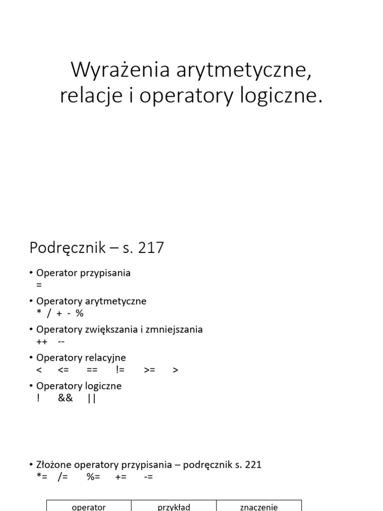 L8 Wyrażenia Arytmetyczne, Relacje I Operatory Logiczne | PDF