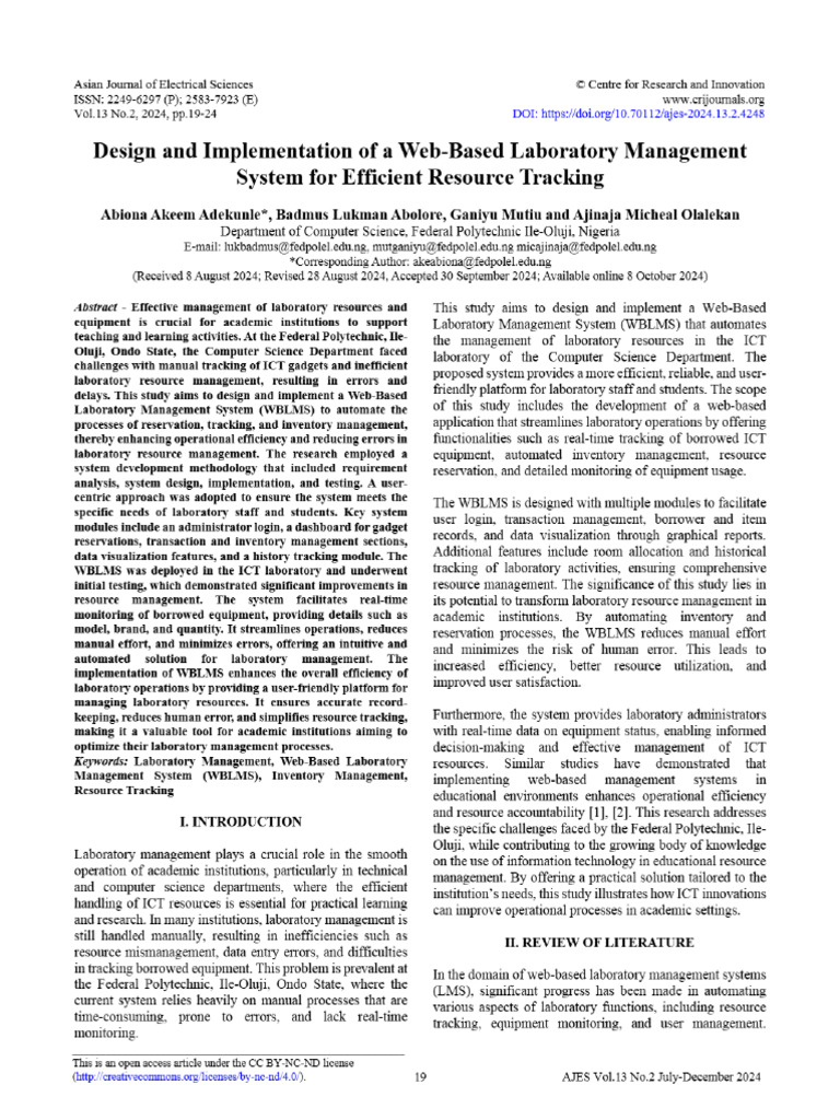 View of Design and Implementation of A Web-Based Laboratory Management System For Efficient ...
