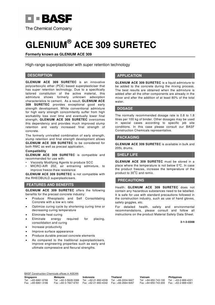 Glenium Ace 309 Suretec - PDS | PDF | Concrete | Engineering