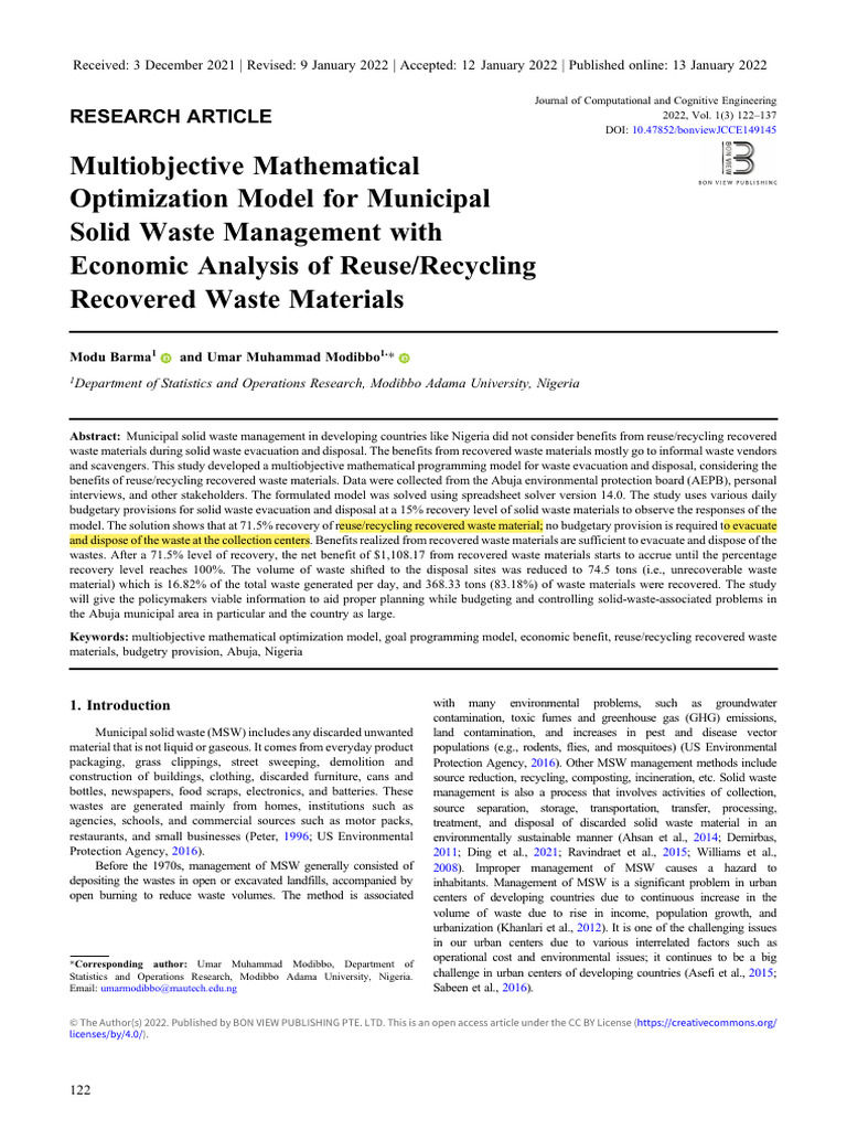 2022 - Barma and Modibbo - JCCE | PDF | Waste Management | Waste