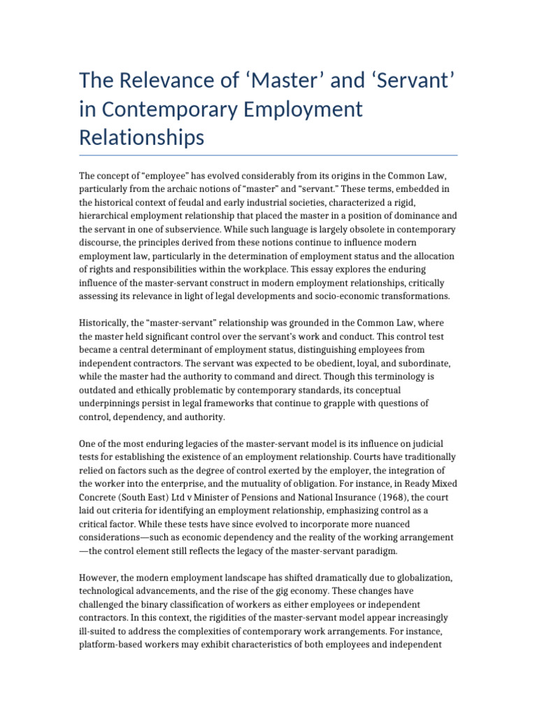 Master-Servant Legacy in Labor Law | PDF | Employment | Business