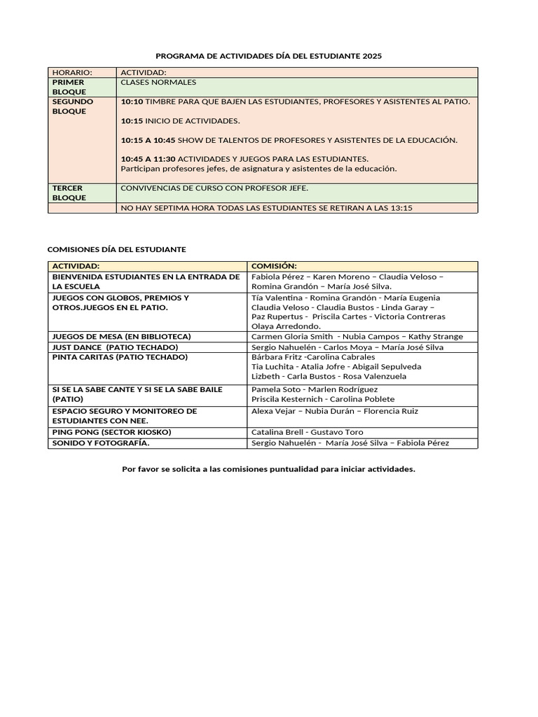 Programa de Actividades y Comisiones Día Del Estudiante 2025 | PDF
