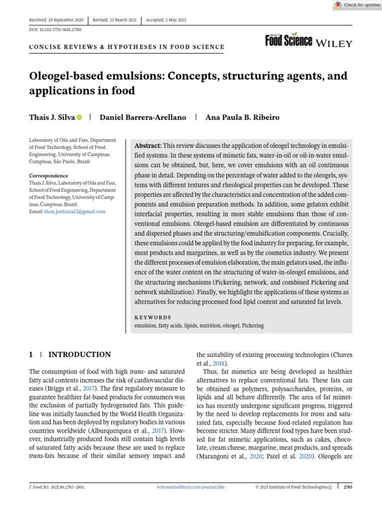 Journal of Food Science - 2021 - Silva - Oleogel‐based emulsions ...