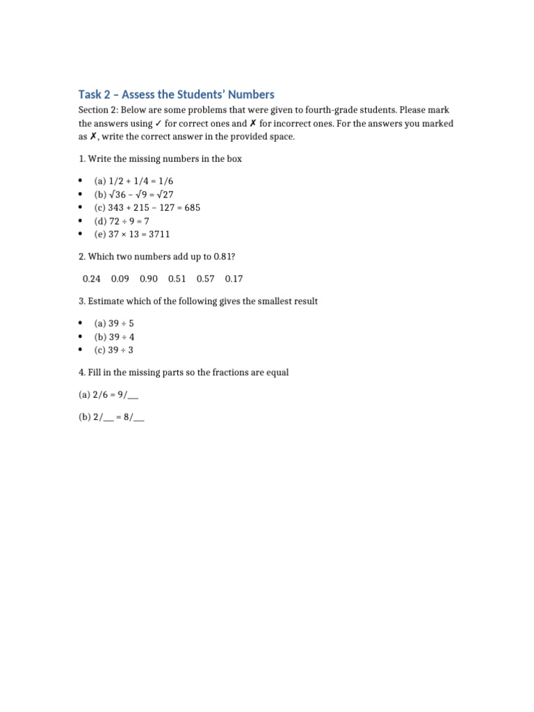 Task 2 Assess Students Numbers English | PDF