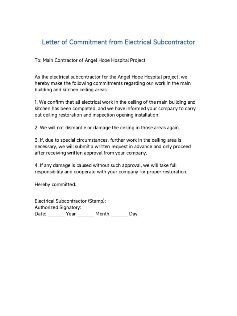 Letter of Commitment Electrical Subcontractor English | PDF